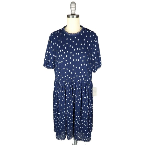 1901 | Dresses | 91 Size L Navy White Polka Dot Crinkle Short Sleeve ...
